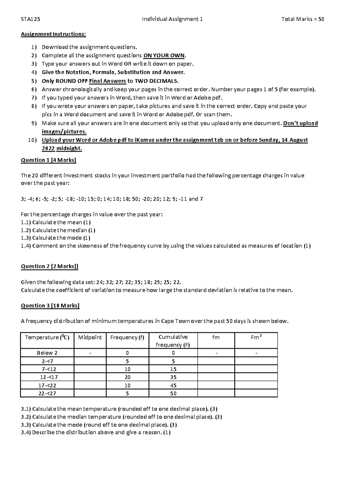STA125 Assignment 1 - Practice material - STA125 Individual Assignment ...