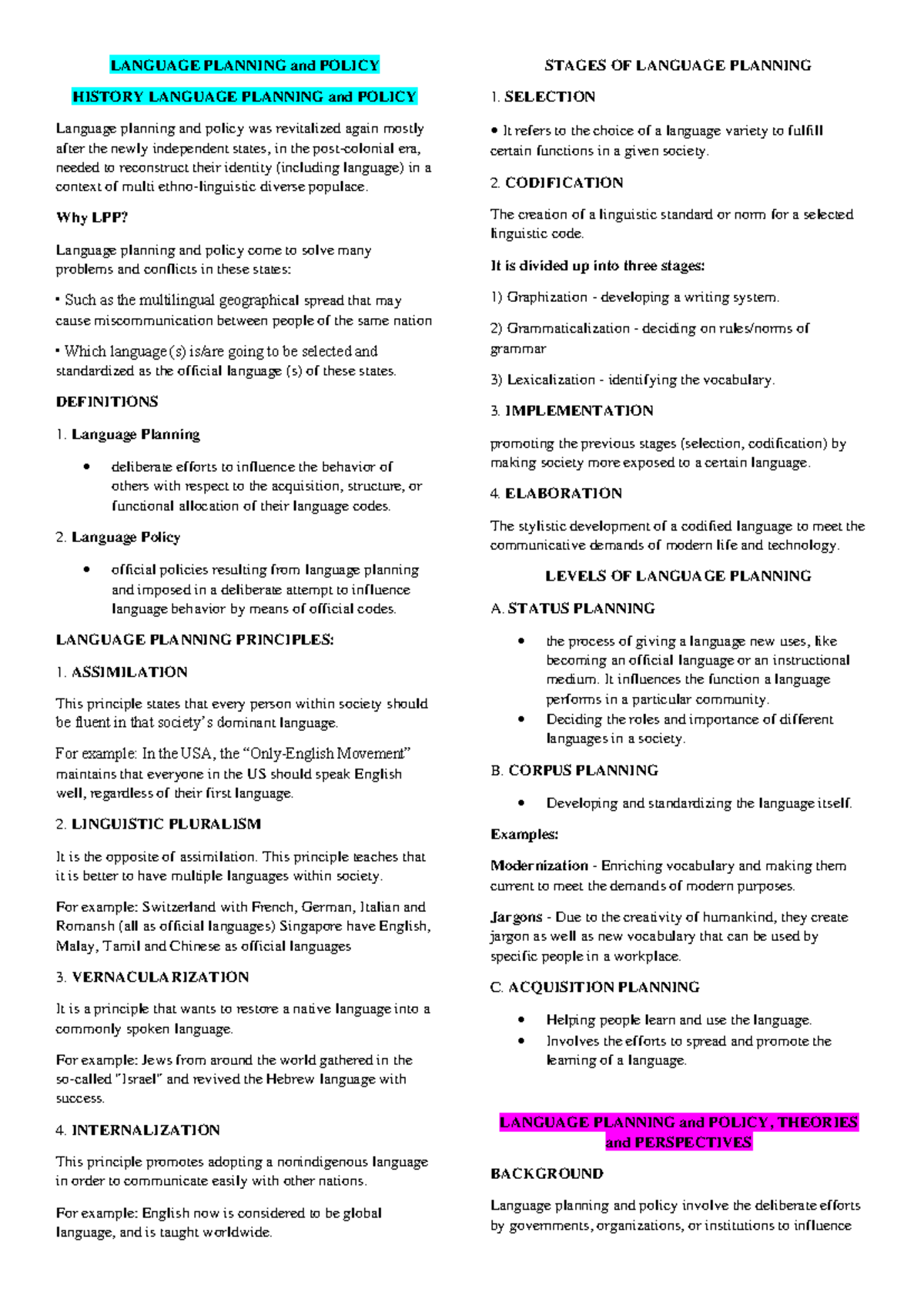 EL107 - LANGUAGE PLANNING and POLICY HISTORY LANGUAGE PLANNING and ...