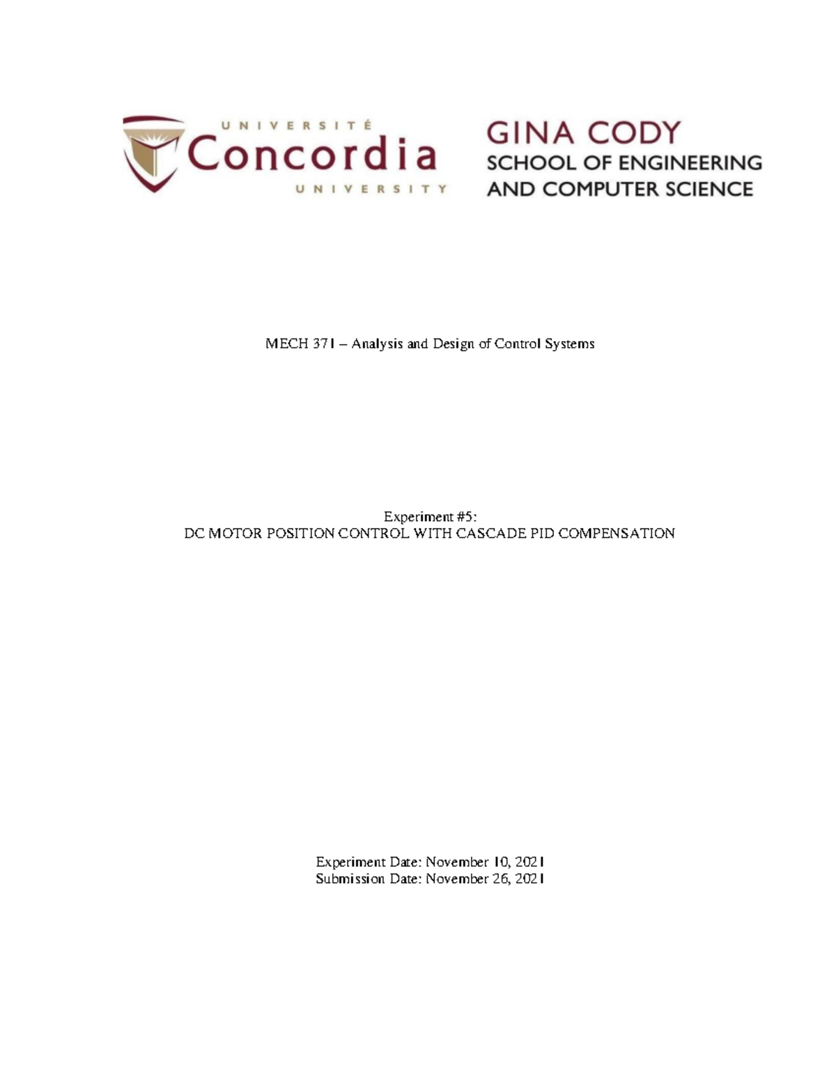 MECH 371 Laboratory 5 - MECH 371 – Analysis and Design of Control ...