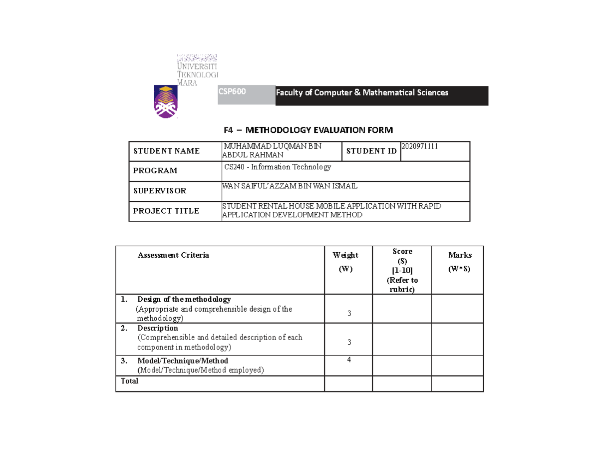 Design of the methodology - F4 – METHODOLOGY EVALUATION FORM STUDENT ...