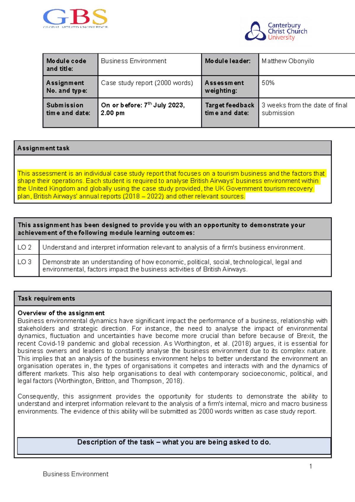 Assignment Brief and Assessment Guide - Module code and title: Business Environment Module ...