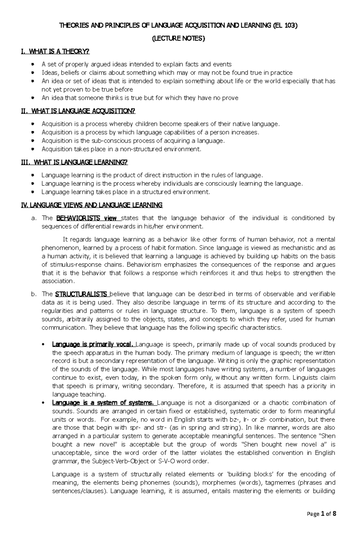 Copy of EL 103 ( Lecture Notes - Midterm) - THEORIES AND PRINCIPLES OF ...