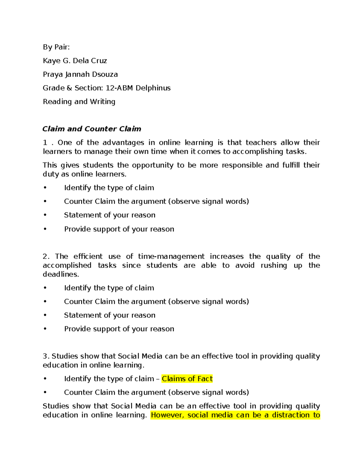 Claim & Counter Claim - By Pair: Kaye G. Dela Cruz Praya Jannah Dsouza ...