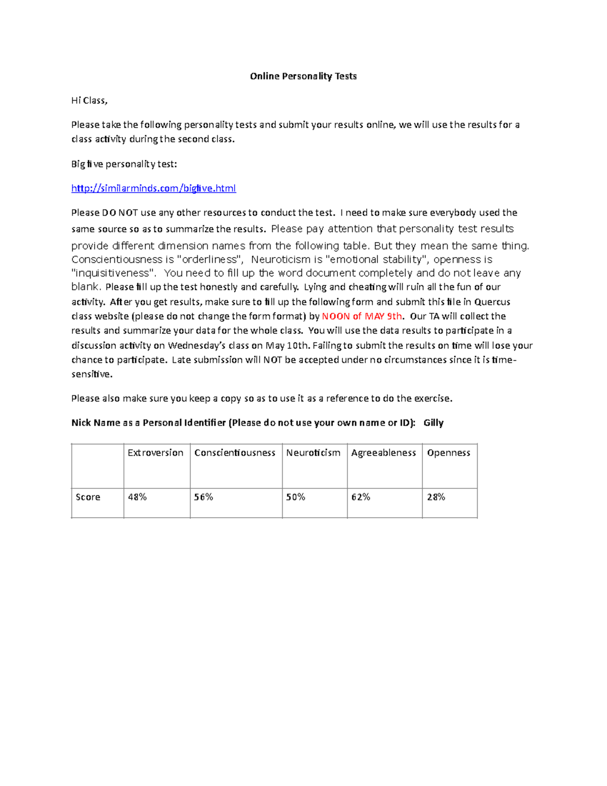 Personality Test - no reply - Online Personality Tests Hi Class, Please ...