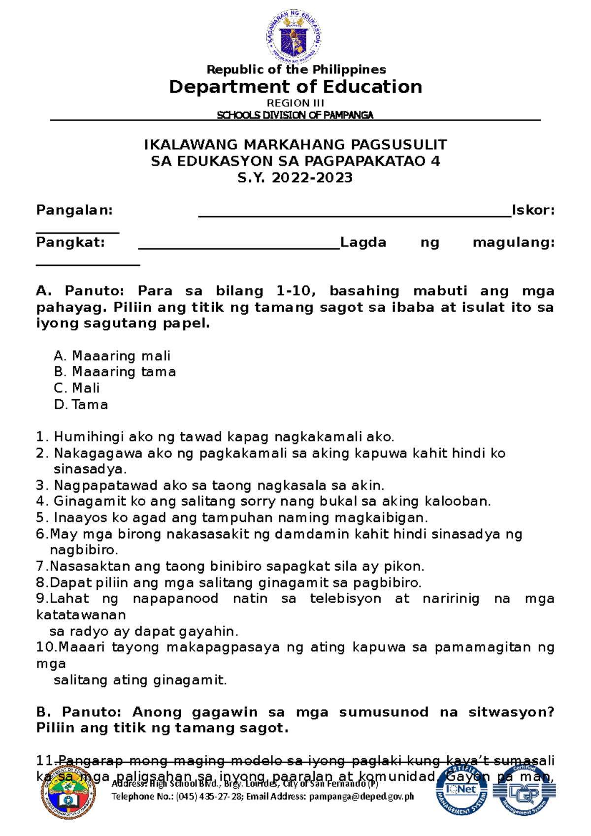 PT2-ESP4 - EDUCATION - Department of Education REGION III SCHOOLS ...