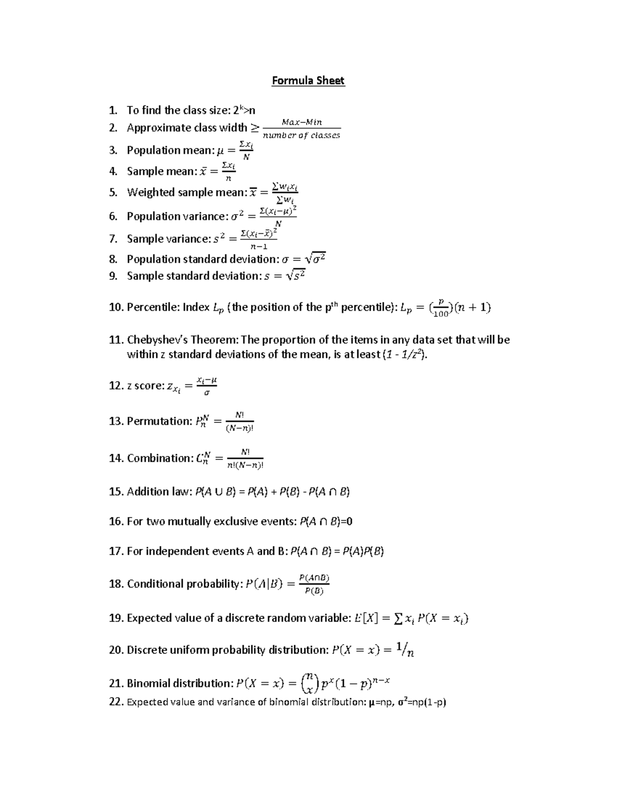 IS 601-Test 1-formula sheet - Formula Sheet To find the class size: 2 k ...