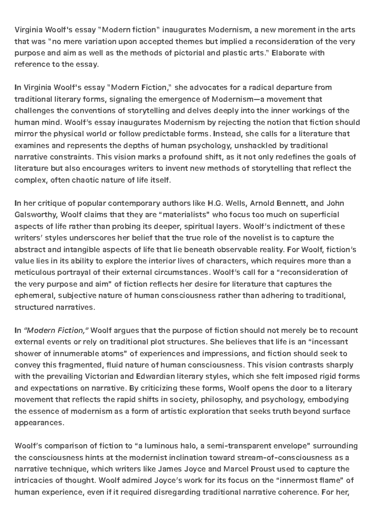 Virginia Woolf's essay "Modern fiction" inaugurates Modernism, a new ...