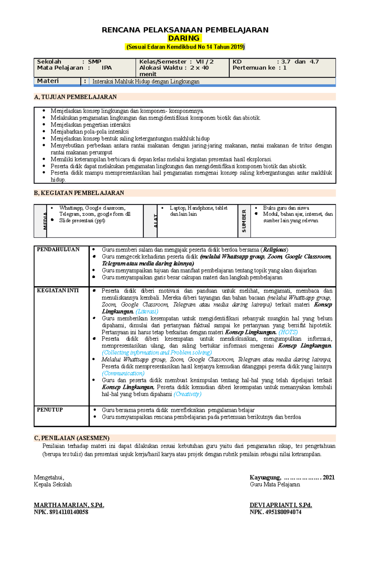 8. RPP IPA 7 Daring - rpp - RENCANA PELAKSANAAN PEMBELAJARAN DARING ...