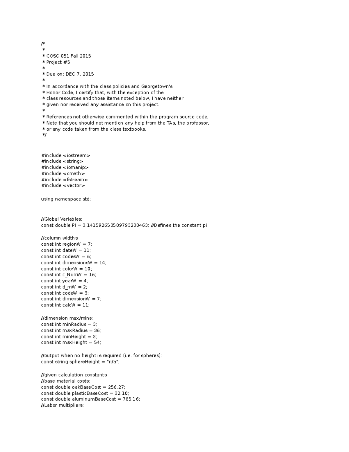 Project 5: OOP Continued - /* * * COSC 051 Fall 2015 * Project #5 ...