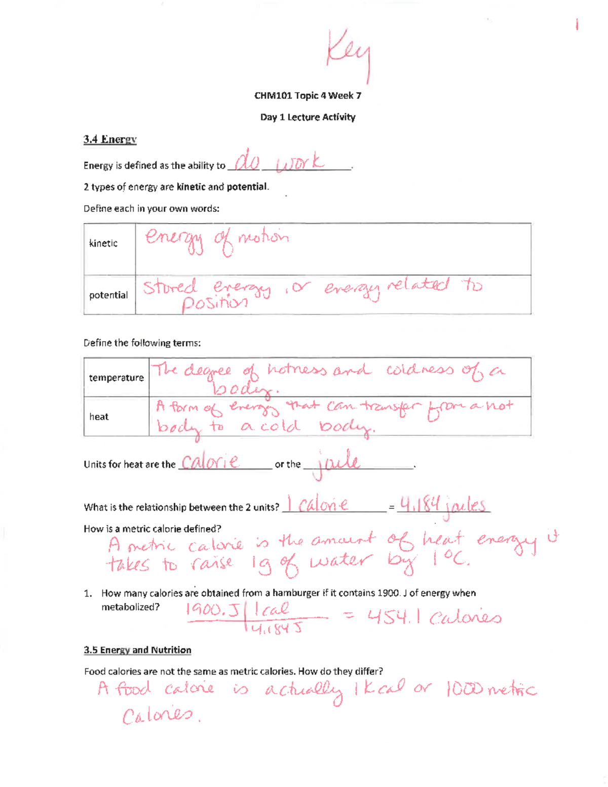 CHM 101 Topic 4 Week 7 D1 Lecture KEY - Key CHM101 Topic 4 Week 7 Day 1 Lecture Activity 3 ...