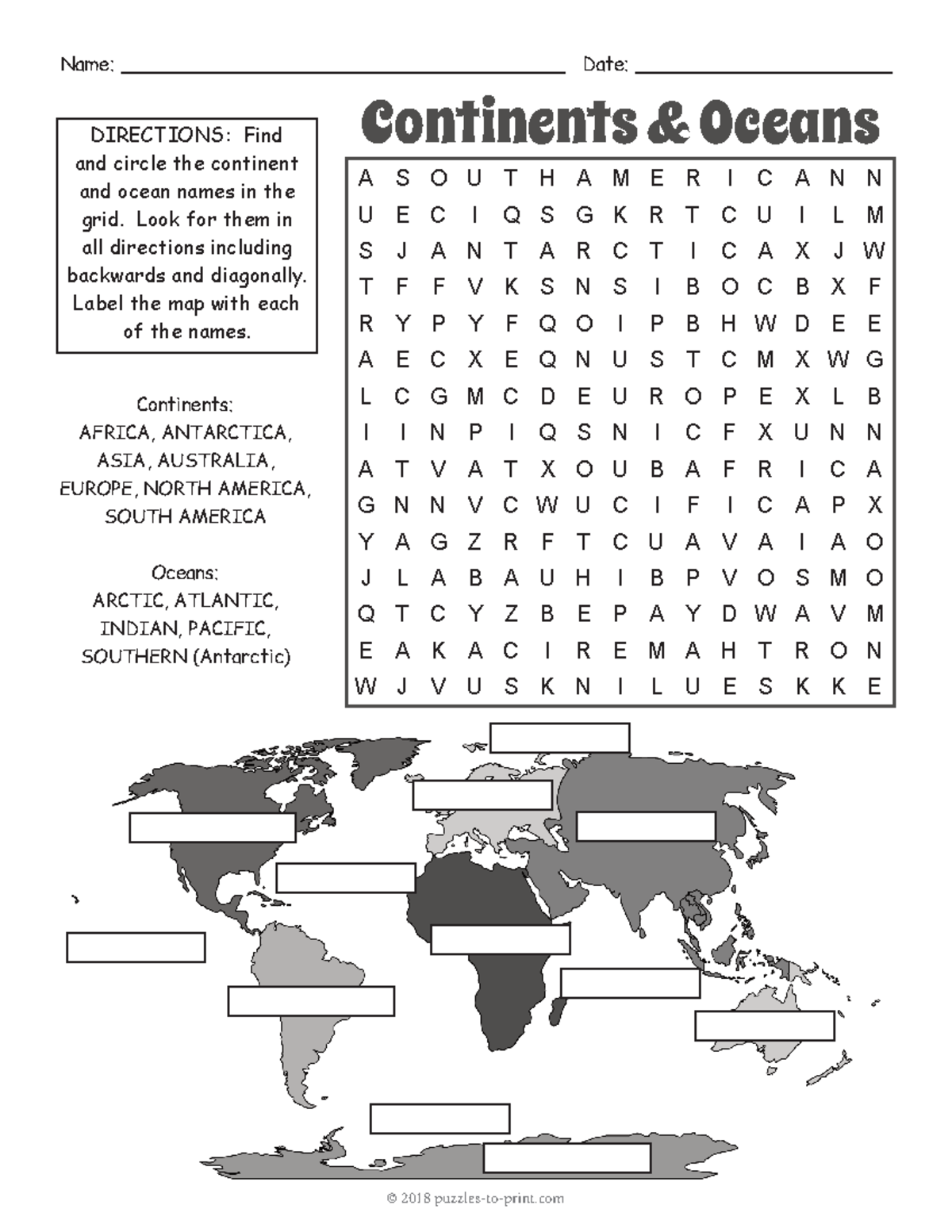 Continents and Oceans Word Search Puzzle - © 2018 puzzles-to-print ...