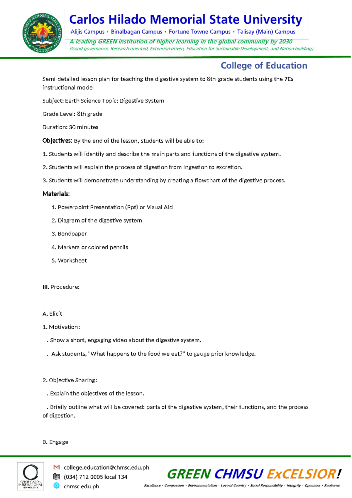 Semi Detailed Lesson plan Using 5Es - Semi-detailed lesson plan for ...