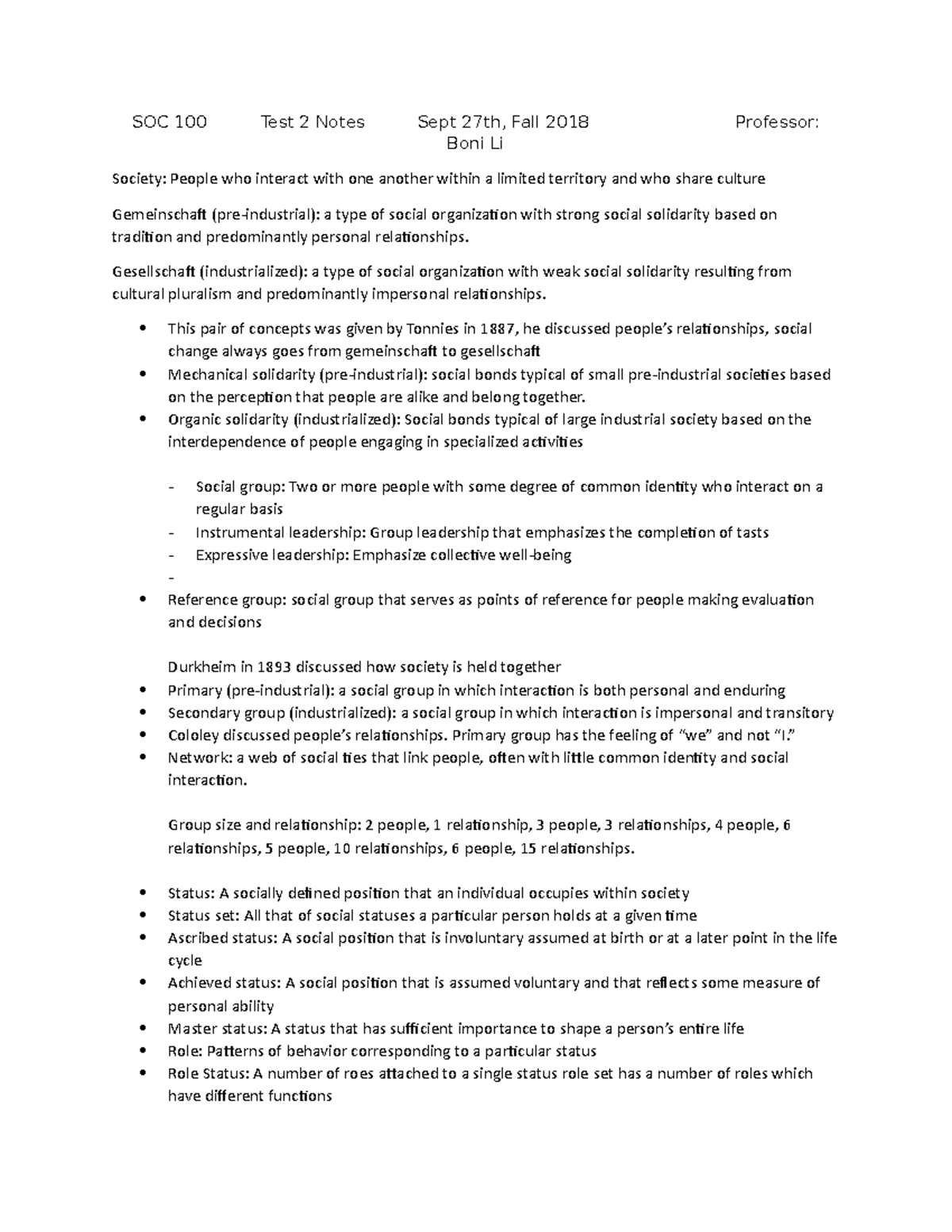 SOC 100 Test 2 Notes Sept 27th - SOC 100 Test 2 Notes Sept 27th, Fall ...