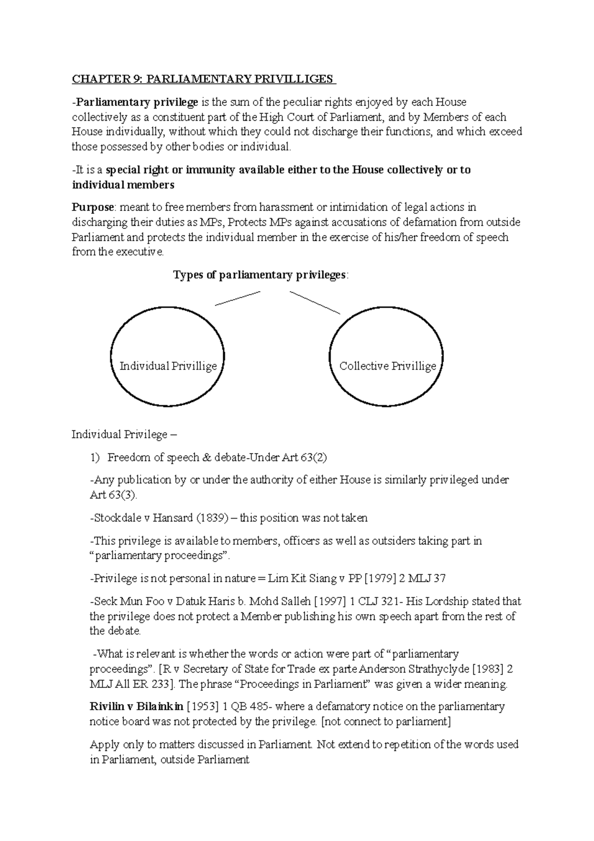 CHAPTER 9: Parliamentary privilege is the sum of the peculiar rights ...