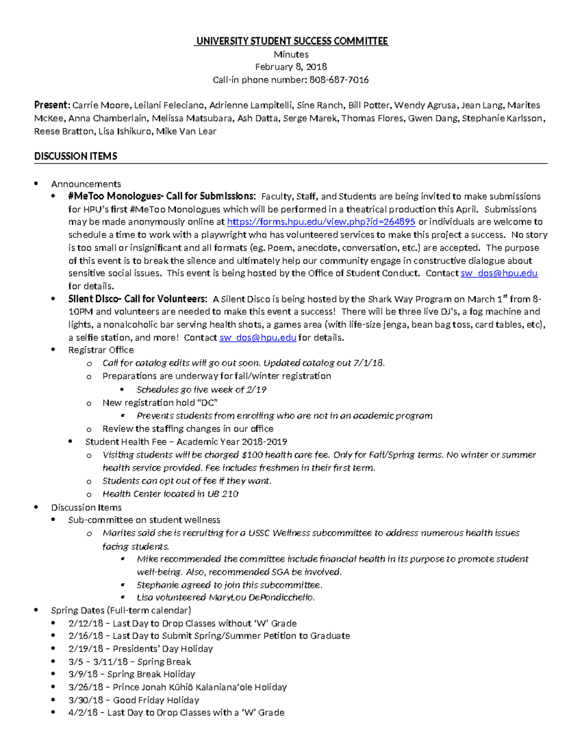 USSC Mins 2.8.18 - marine ideas - UNIVERSITY STUDENT SUCCESS COMMITTEE ...