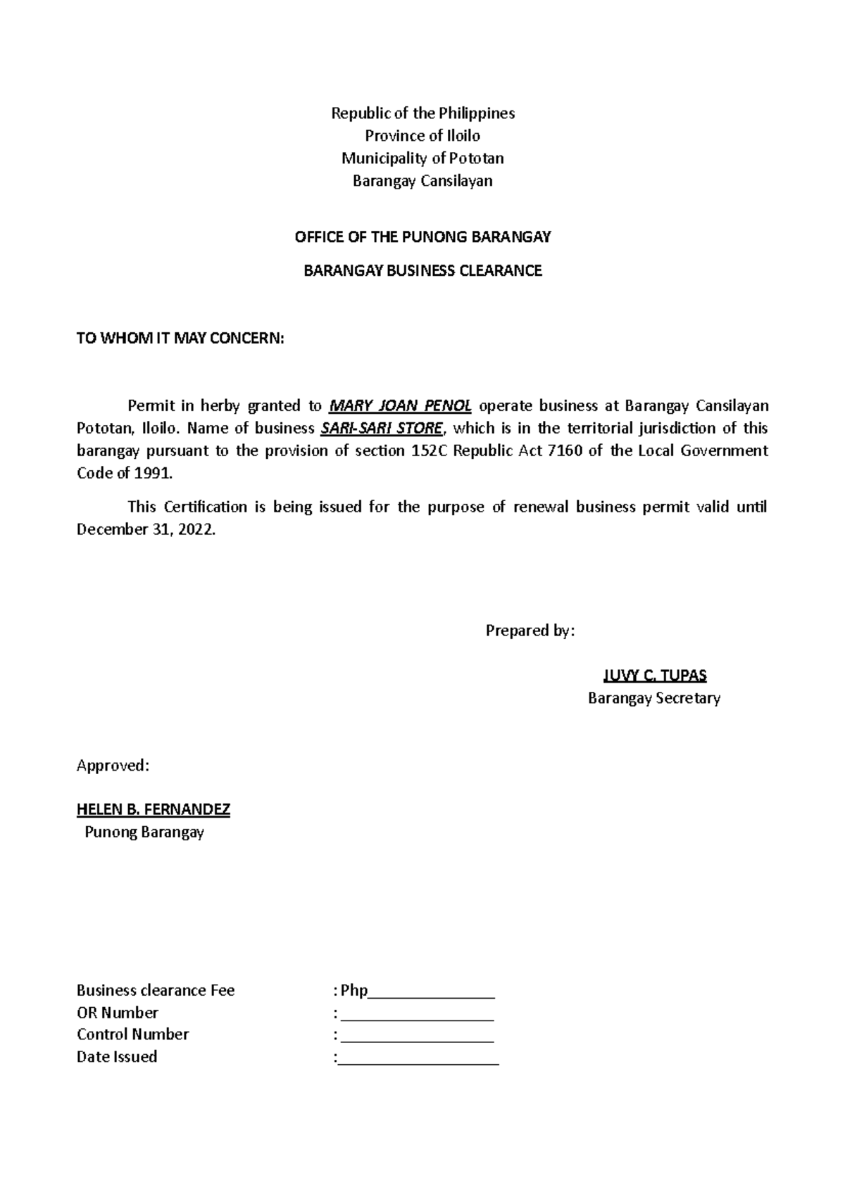 Barangay Permit - sdf - Republic of the Philippines Province of Iloilo ...