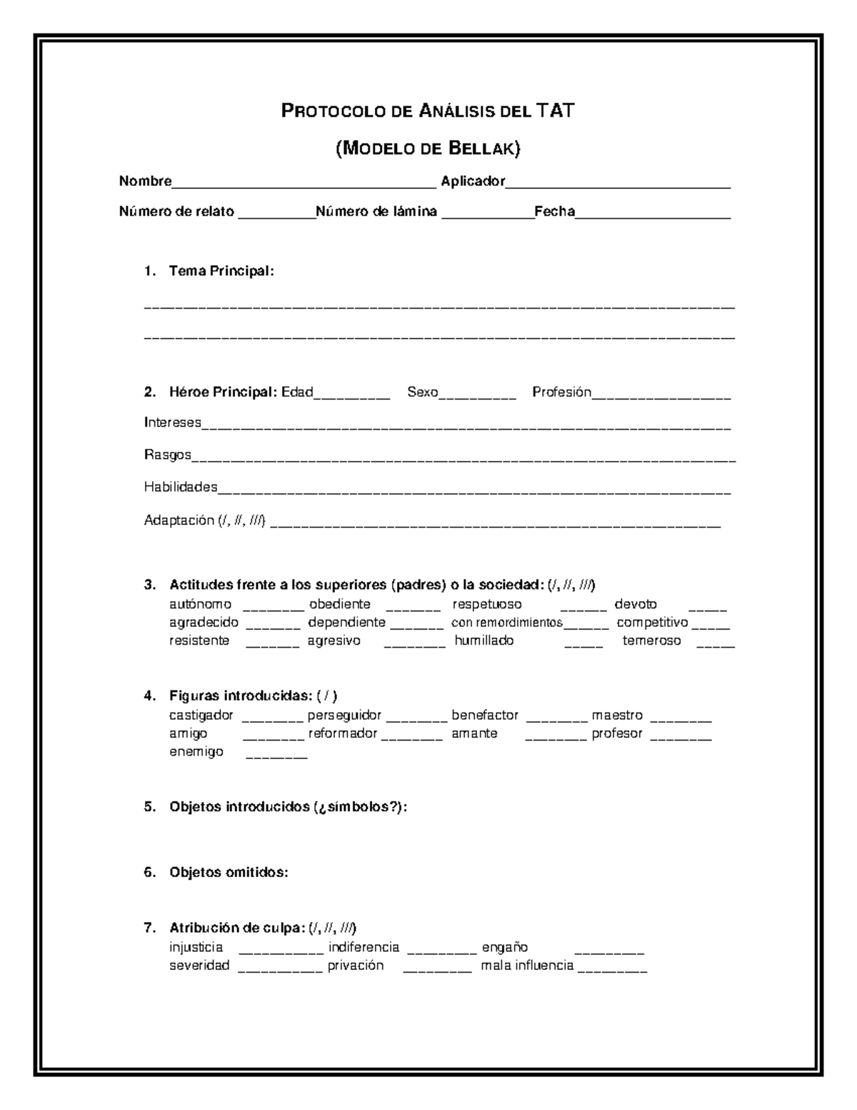 TAT protocolo - Prueba proyectiva - PROTOCOLO DE ANÁLISIS DEL TAT ...