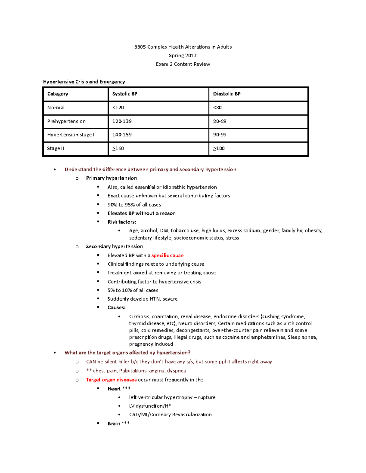 Complex Exam #2 Content Review - 3305 Complex Health Alterations in ...