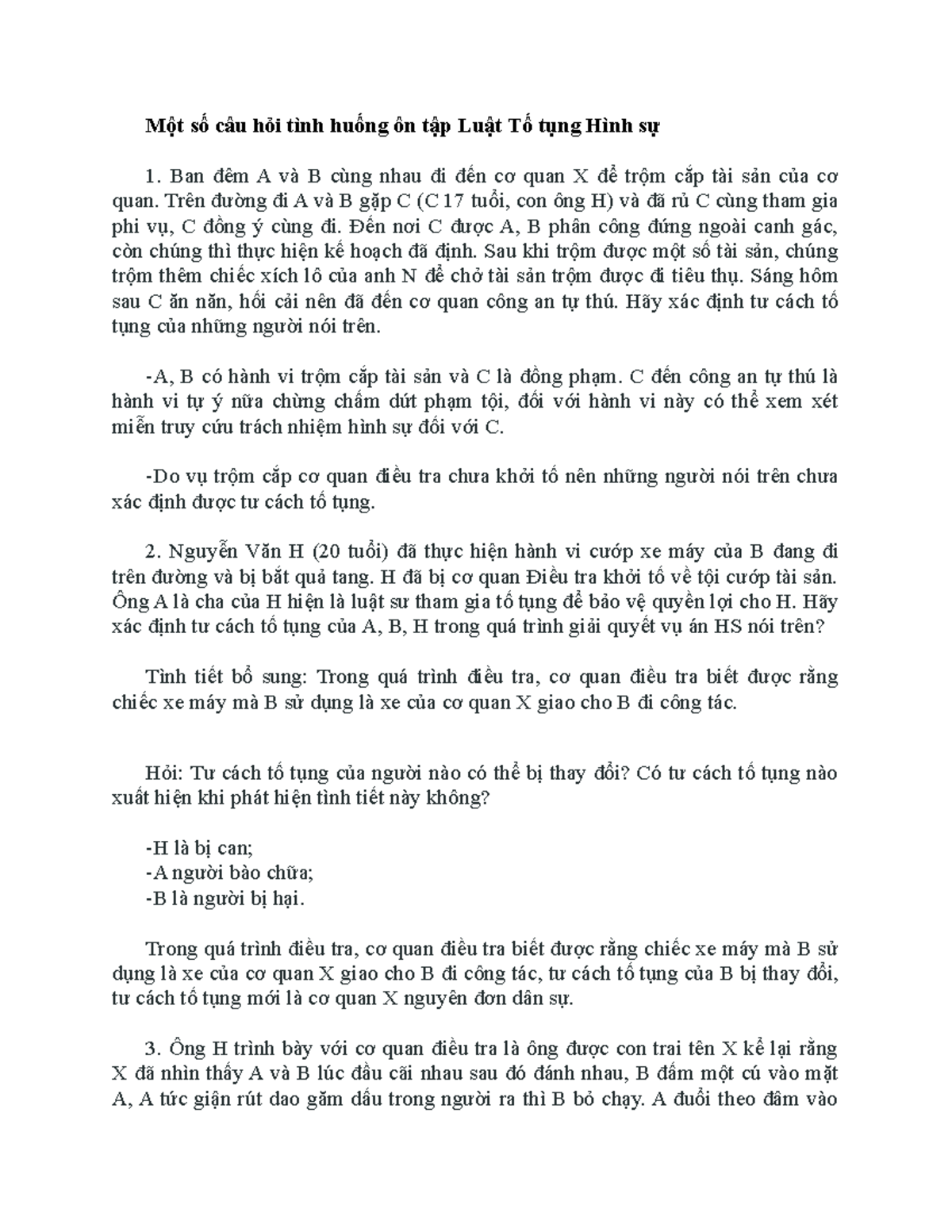 Mt s cau hi tinh hung on tp Lut T - Một số câu hỏi tình huống ôn tập Luật Tố tụng Hình sự Ban ...
