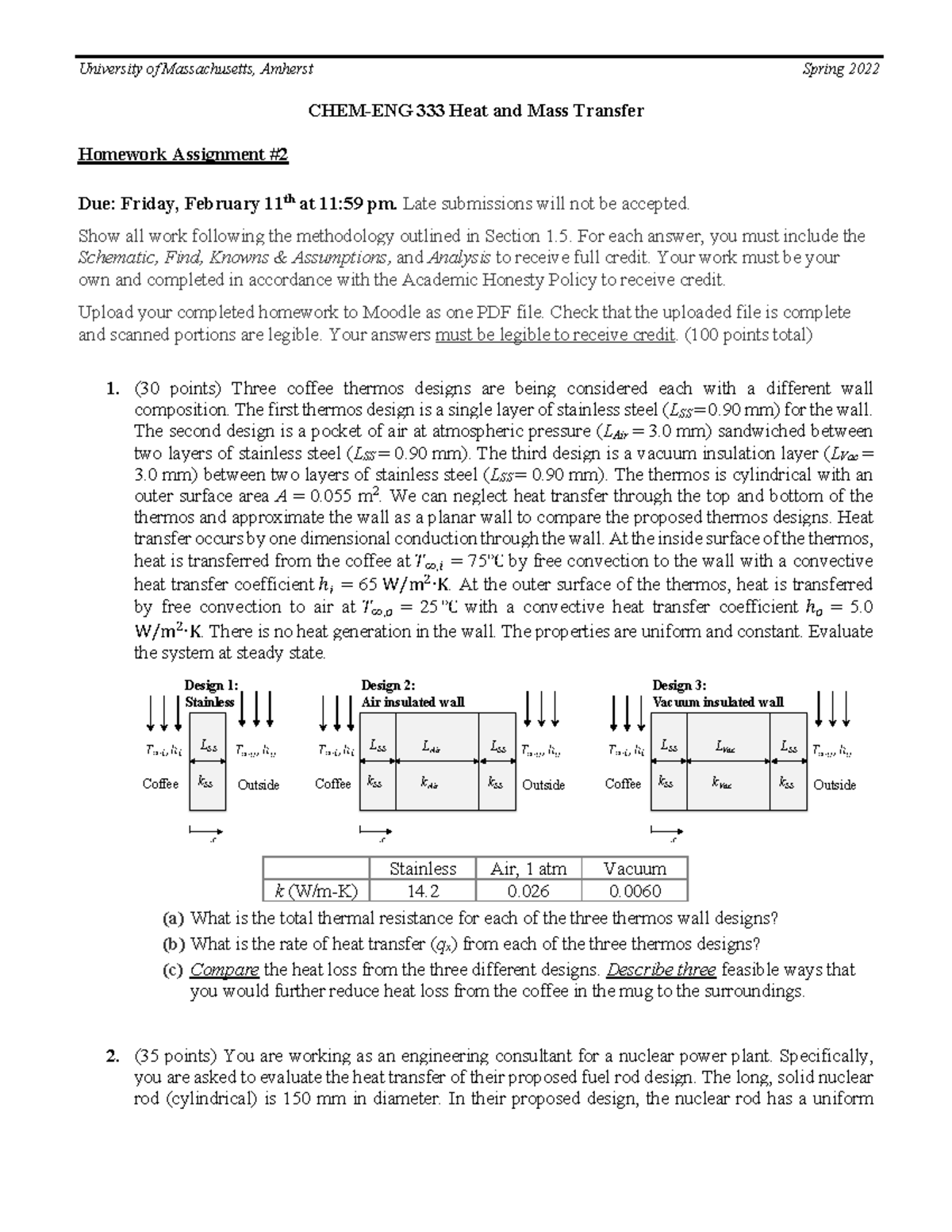 ChE 333 Homework 2 Assignment 2022 - University of Massachusetts, Amherst Spring 2022 CHEM-ENG ...