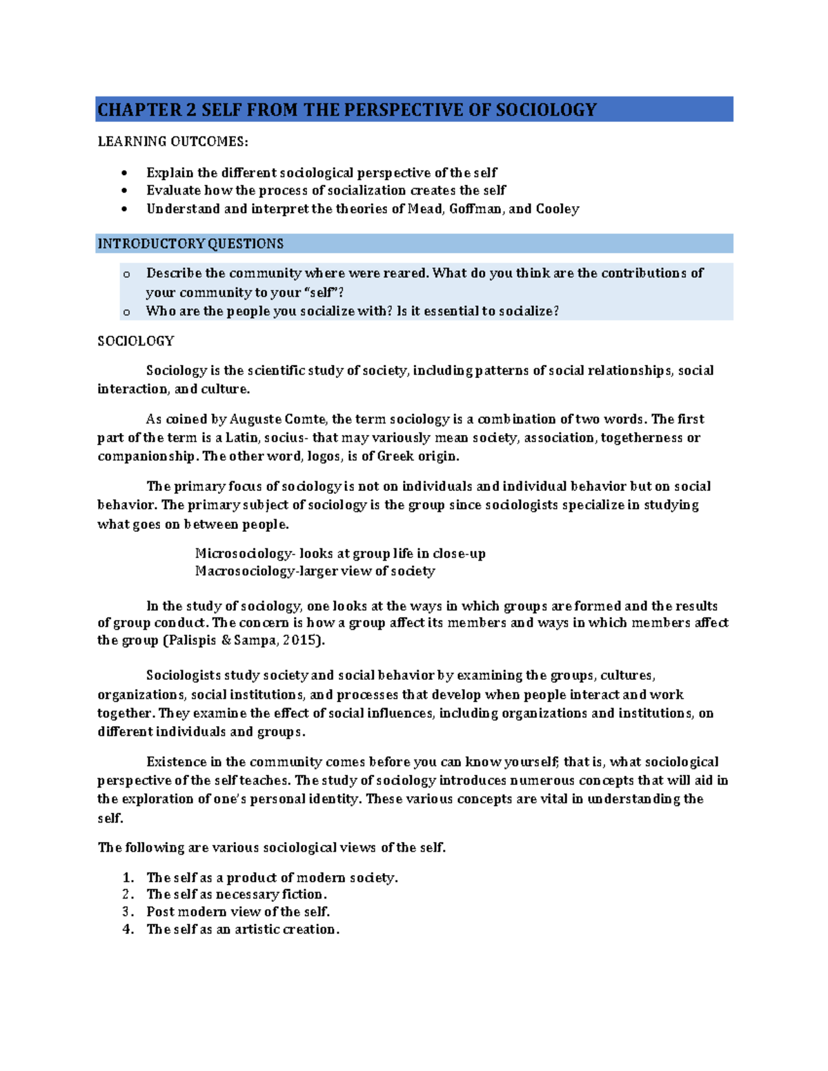 Self from the Perspective of Sociology - CHAPTER 2 SELF FROM THE ...