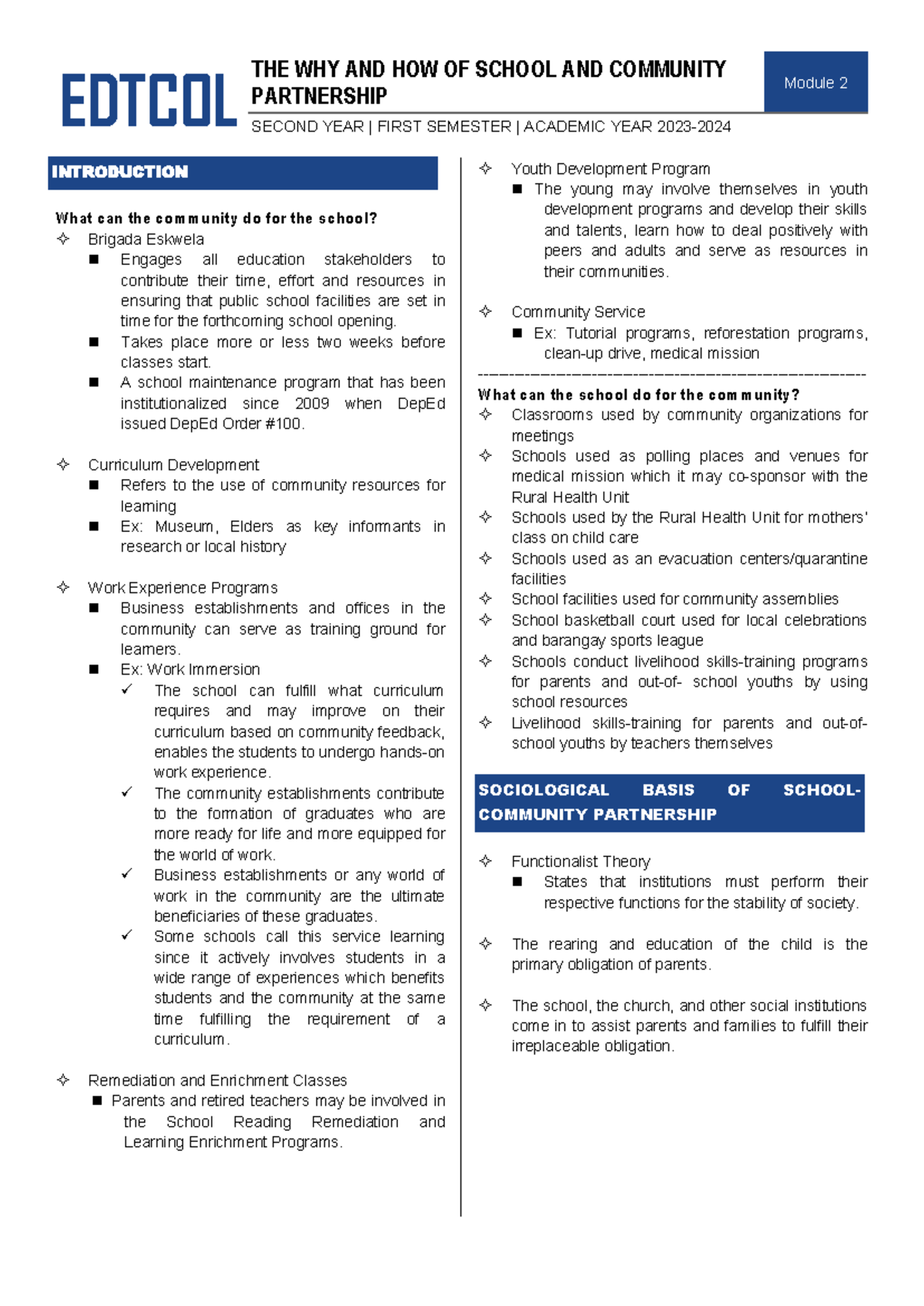 Notes Module 22 - EDTCOL THE WHY AND HOW OF SCHOOL AND COMMUNITY ...