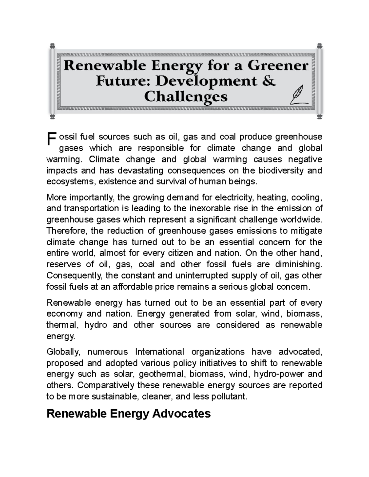 Essay Renewable energy for a Greener Future, Development and challenges ...
