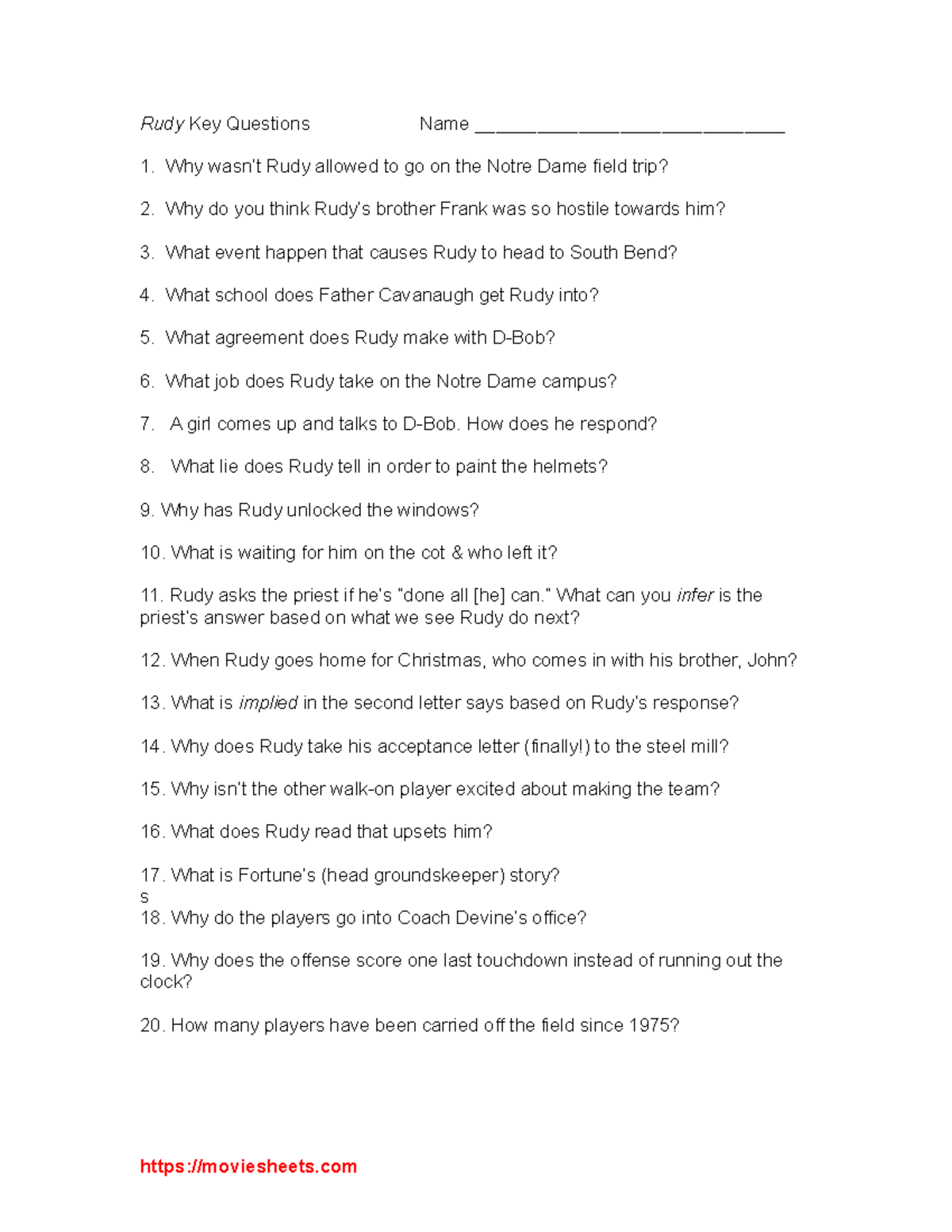 Rudy study guide - guia de estudio de pelicula RUDY - Rudy Key ...