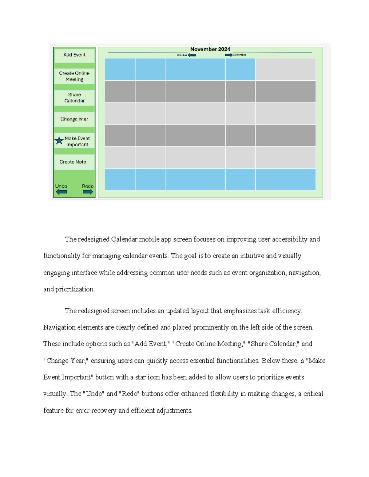 CS360 Module 4-4 UI Design - The redesigned Calendar mobile app screen focuses on improving user ...