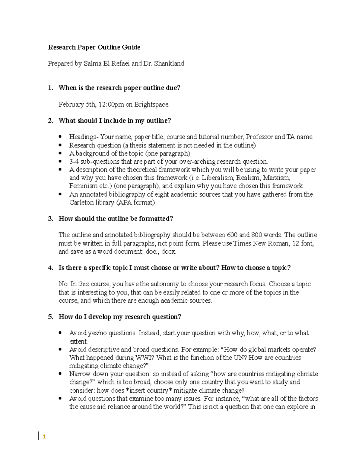 PSCI 1200B Research Paper Guide Jan, 2024 - Research Paper Outline ...