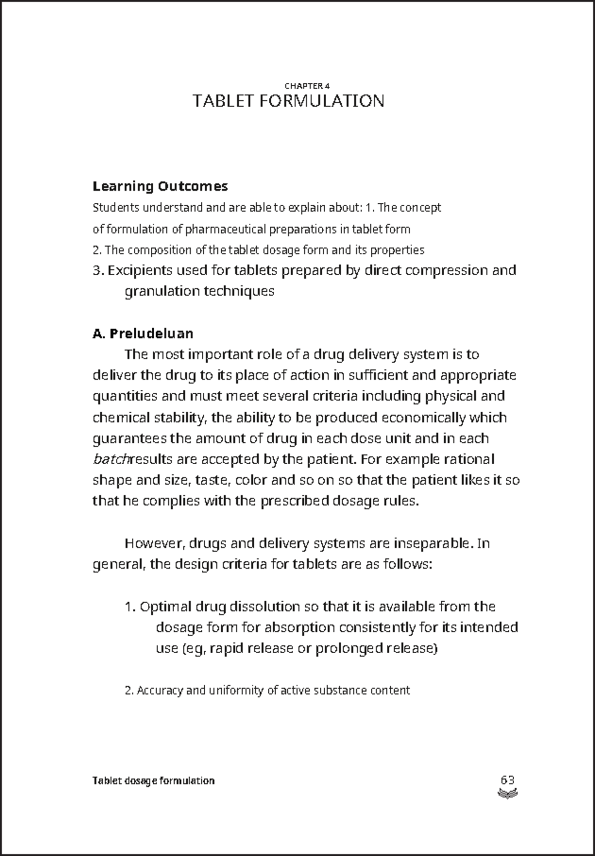 HS BIO Notes - Biology - CHAPTER 4 TABLET FORMULATION Learning Outcomes ...
