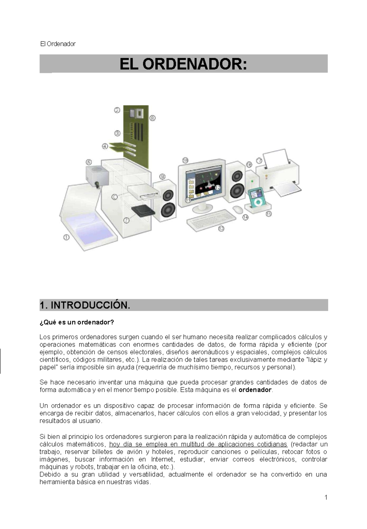 EL Computador Y SUS Partes - El Ordenador EL ORDENADOR: 1. INTRODUCCIÓN ...