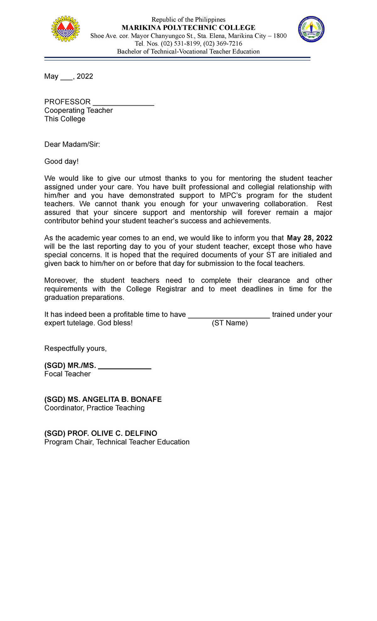 EXIT Letter TO CT - Republic of the Philippines MARIKINA POLYTECHNIC ...