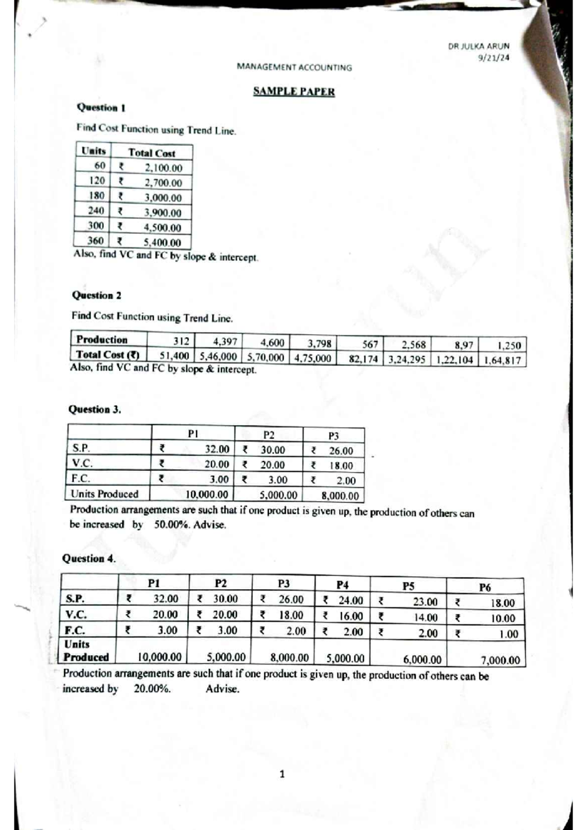 MA Practicle Sir - Ebdhdb - DR JULKA ARUN MANAGEMENT ACCOUNTING SAMPLE ...