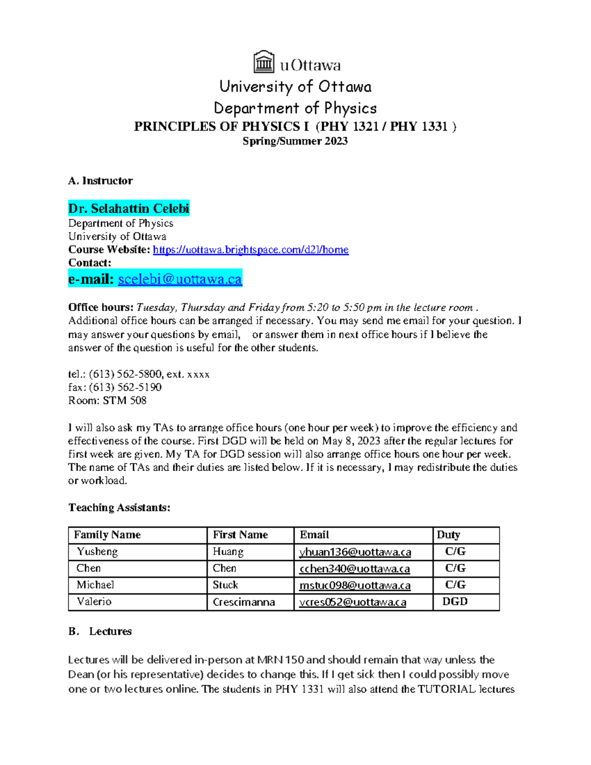 PHY 1321 and PHY 1331 Summer 2023 Course syllabus - University of ...
