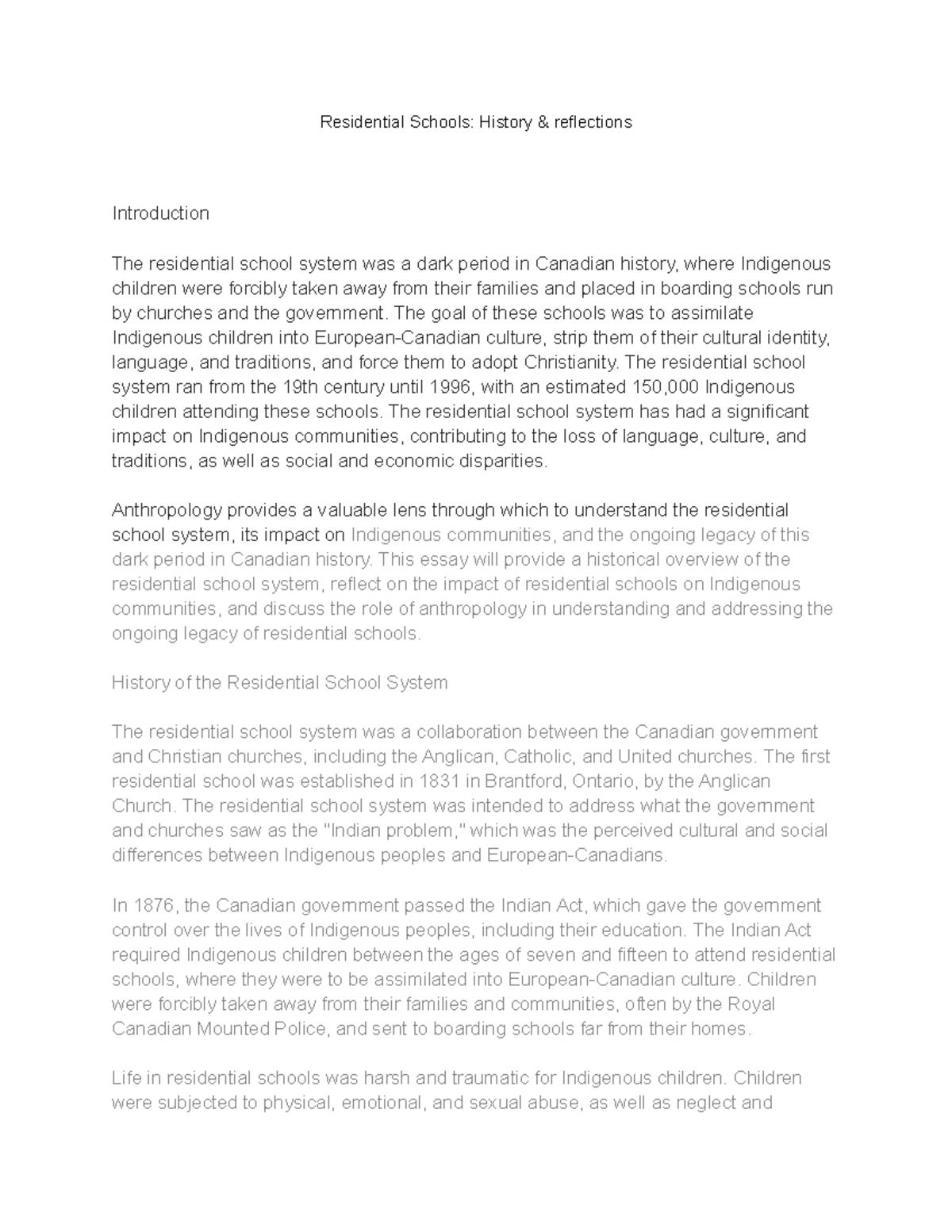 Residential Schools History and reflections - Residential Schools ...