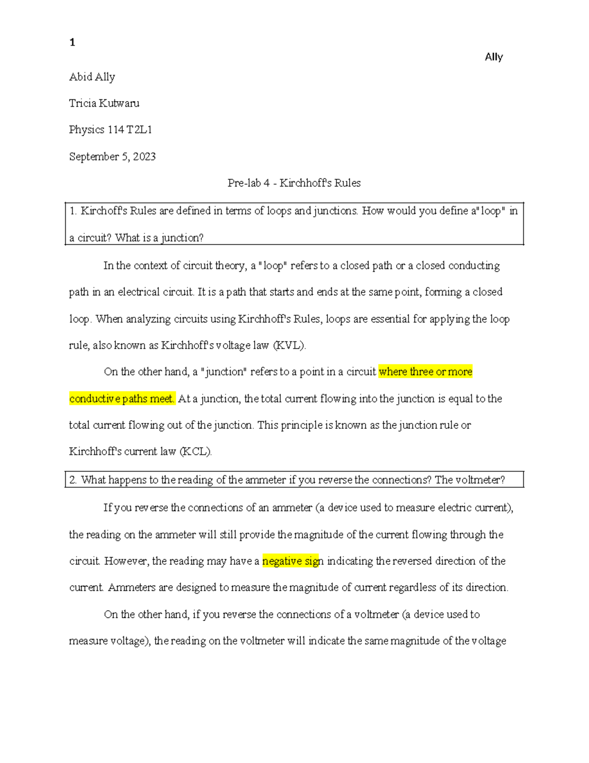 Pre lab 4 - excellent grade 5/5 - 1 Ally Abid Ally Tricia Kutwaru ...