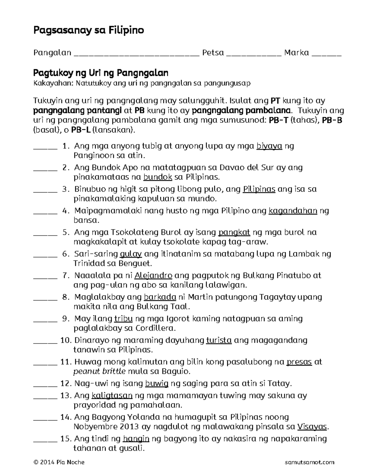 Fil 5 worksheet - Pagsasanay sa Filipino Pangalan ...