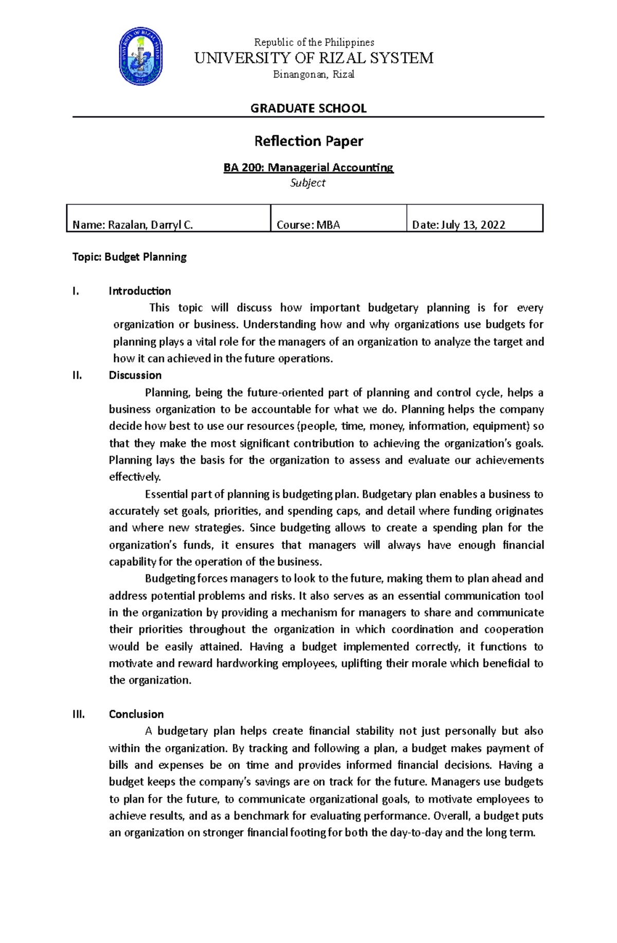 Razalan, Darryl C. - Reflection Paper Form (Budget Planning) - GRADUATE ...