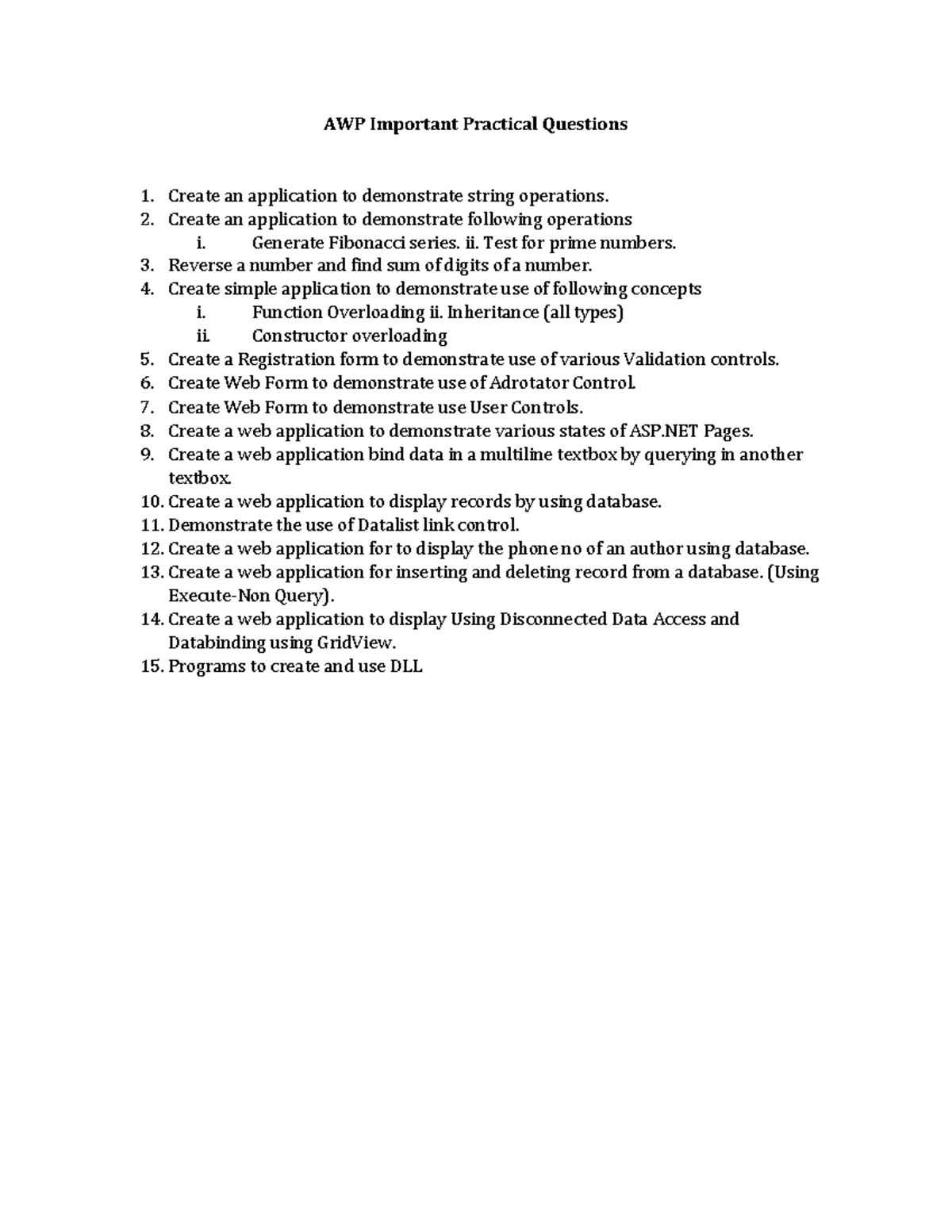 AWP important Practical Questions - AWP Important Practical Questions Create an application to ...