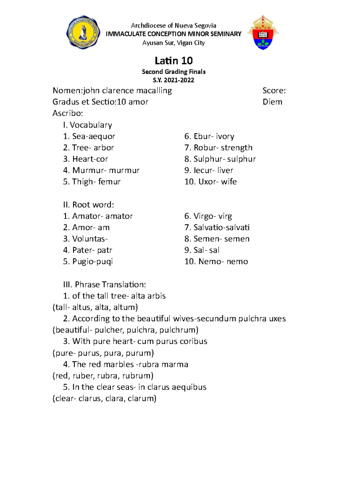Latin 10 second exam - Archdiocese of Nueva Segovia IMMACULATE ...