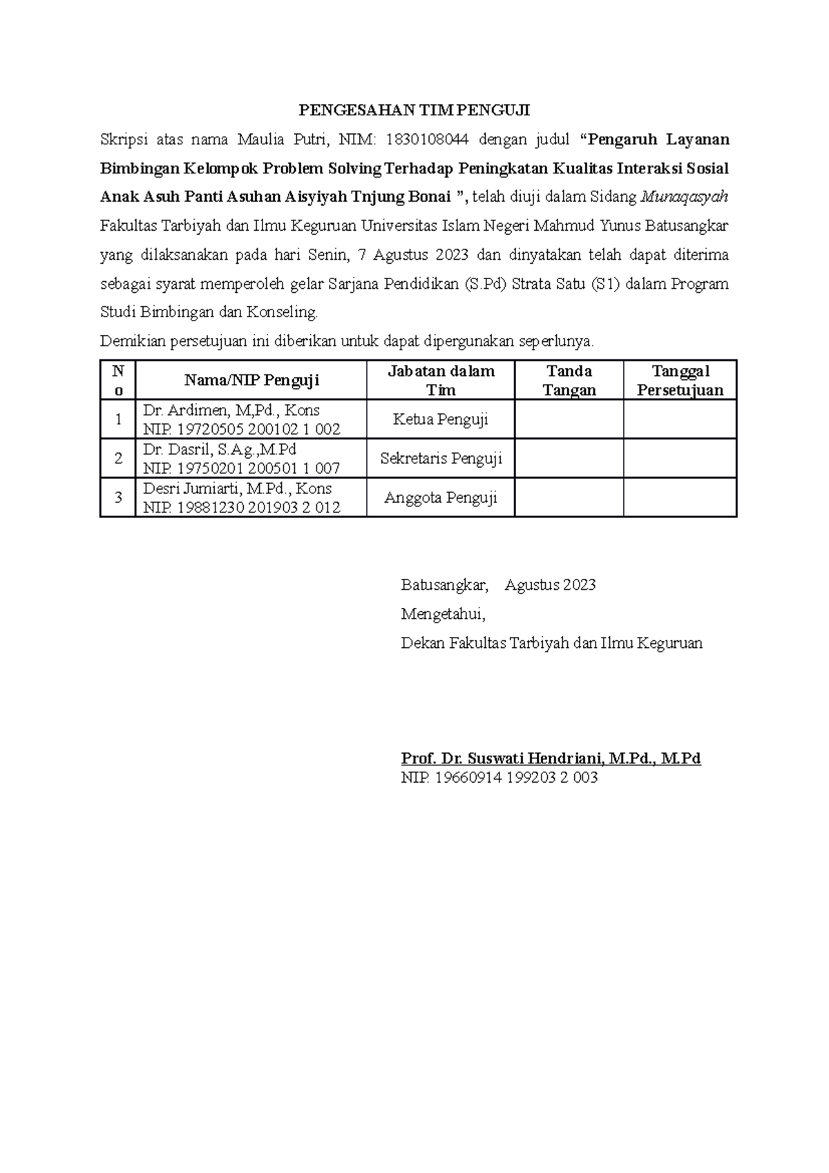 Lembar Pengesahan TIM Penguji - PENGESAHAN TIM PENGUJI Skripsi atas ...