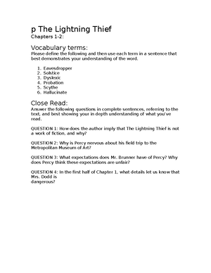 The Lightning Thief ch8-9 - The Lightning Thief Chapters 8- 9 ...