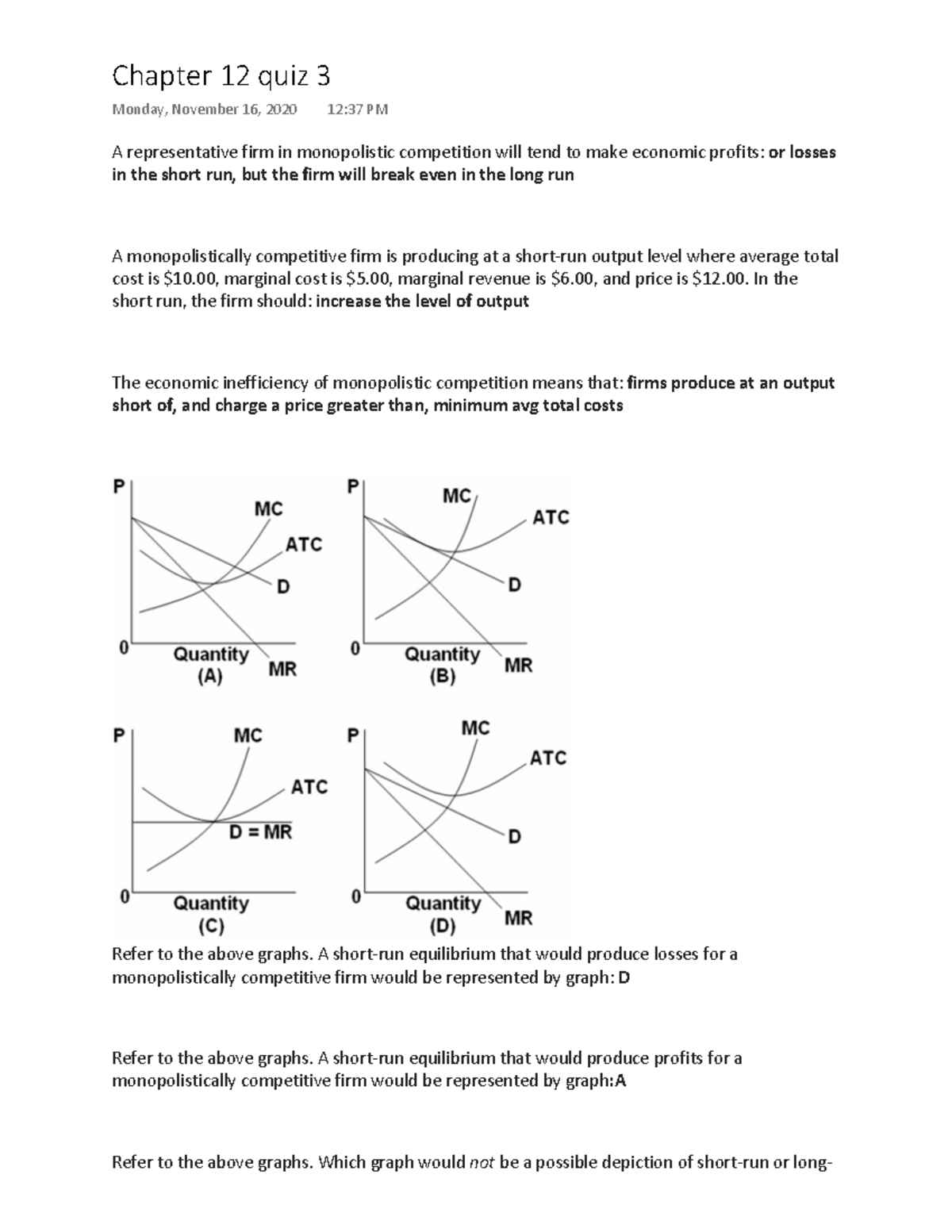 Chpt 12 q 3 - monopolistic competition, output levels, economic ...