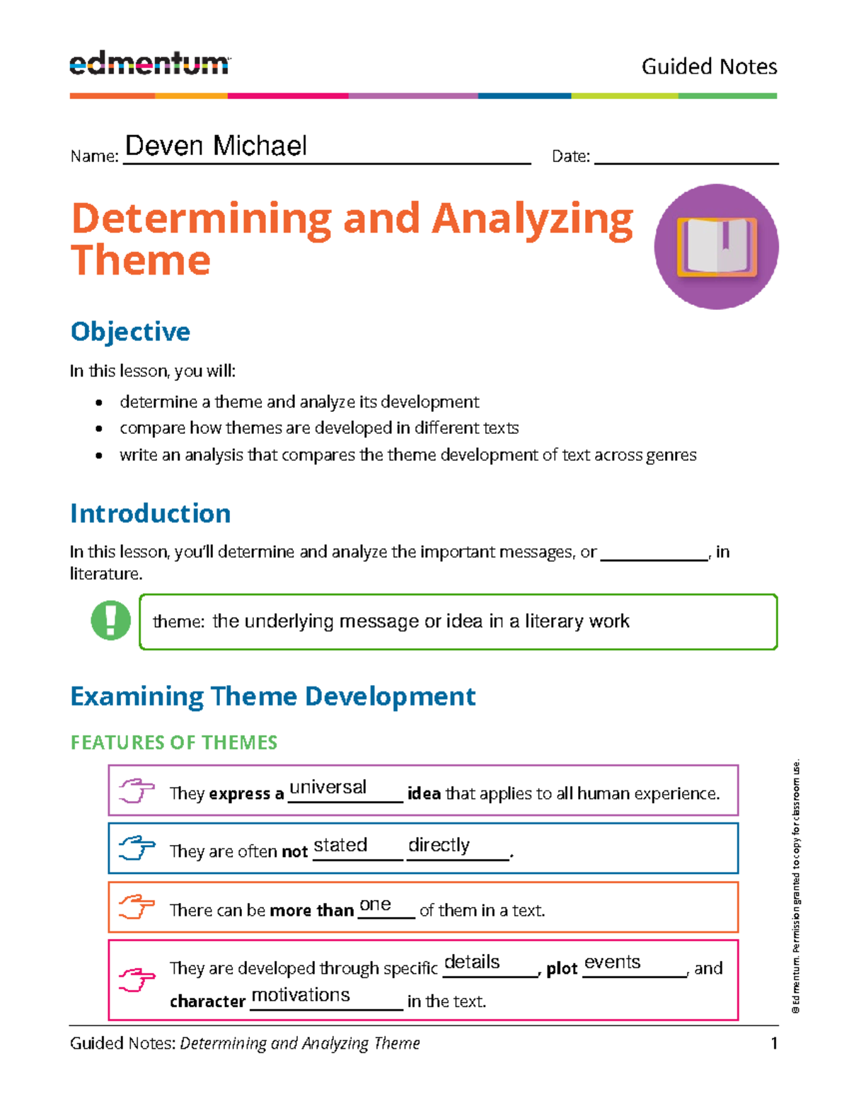 15. Guided Notes- Determining and Analyzing Theme - Permission granted ...