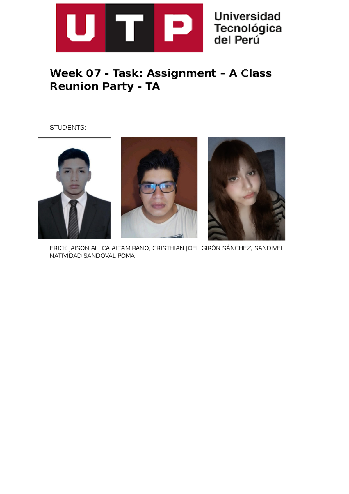 Ingles S7 - ingles, tarea - Week 07 - Task: Assignment – A Class Reunion Party - TA STUDENTS ...
