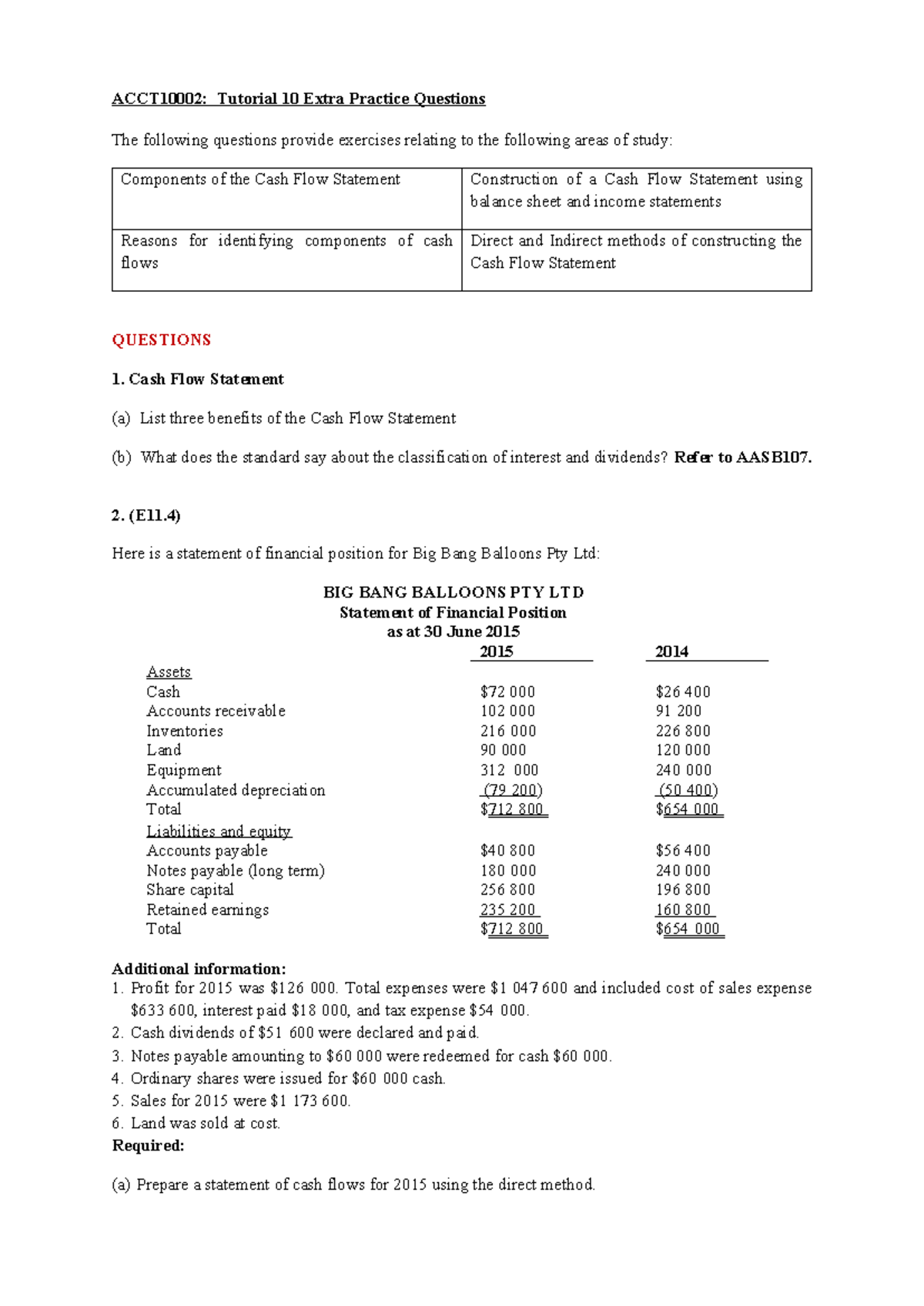 ACCT10002 Tutorial 10 Extra Practice Questions and Solutions (-Q5) - ACCT10002: Tutorial 10 ...