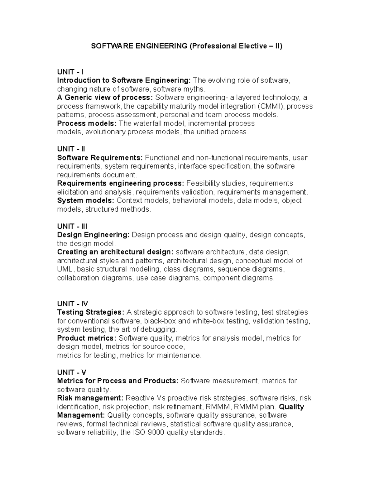 SE unit 1 - ****** - SOFTWARE ENGINEERING (Professional Elective – II) UNIT - I Introduction to ...