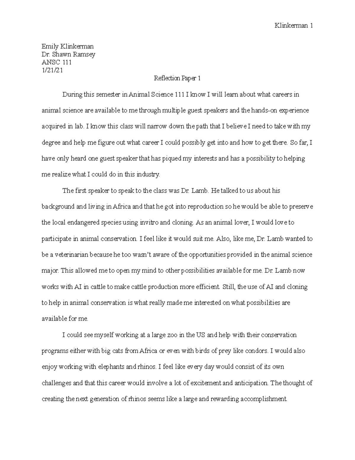 Reflection paper 1 - Klinkerman 1 Emily Klinkerman Dr. Shawn Ramsey ...