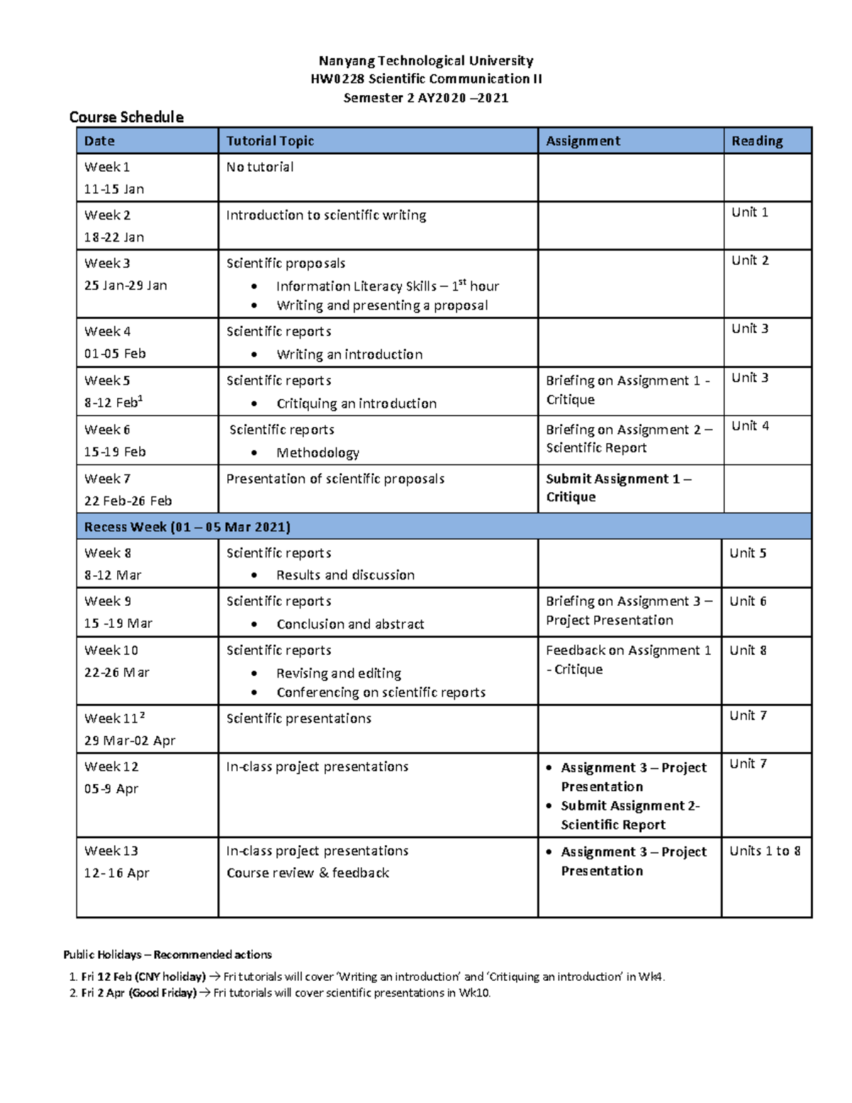 HW0228 Course Schedule AY2020-21 Semester 2 - Nanyang Technological ...